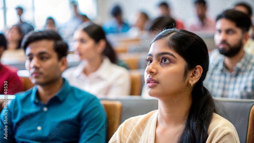 An Indian student attentively listening to a lecture, with a blurred ...
