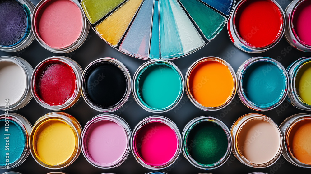Assorted Paint Colors In Open Containers With Color Fan Above Stock ...