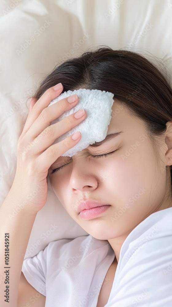 Woman resting with a cold compress on her forehead, showing signs of ...
