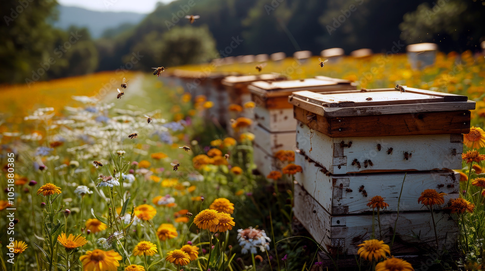 Beehives installed for pollination conservation.Several wooden beehives ...