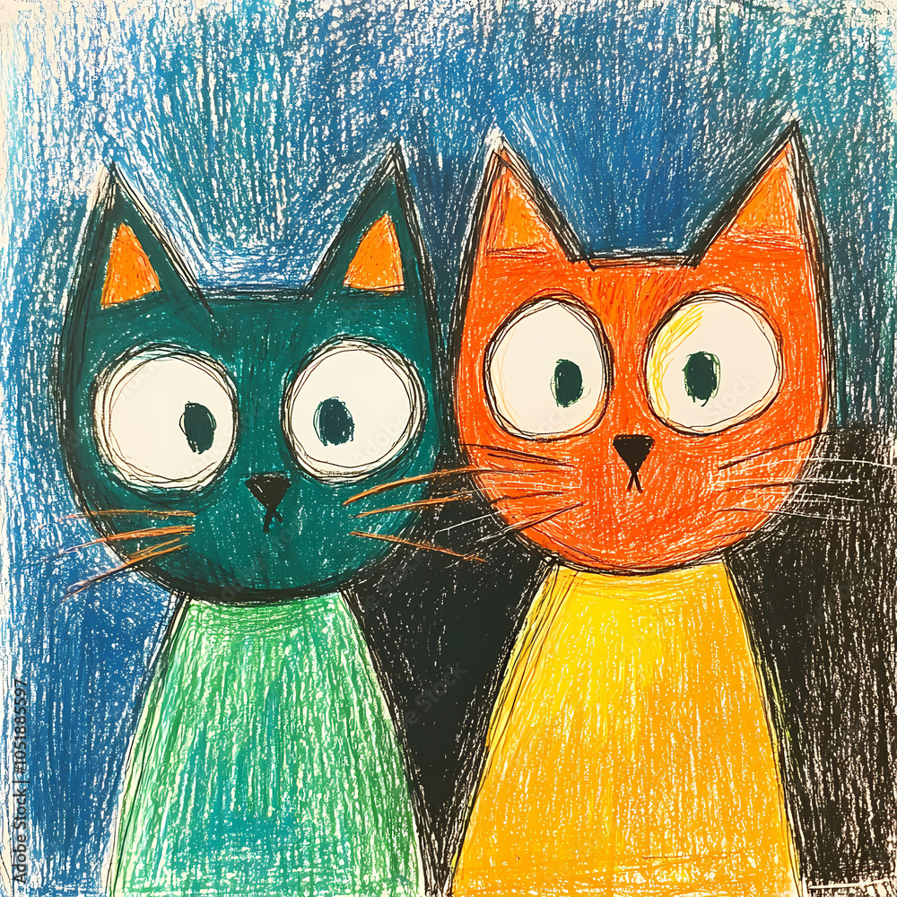 A simple, easy drawing of cats for kids using wax crayons, with rounded ...