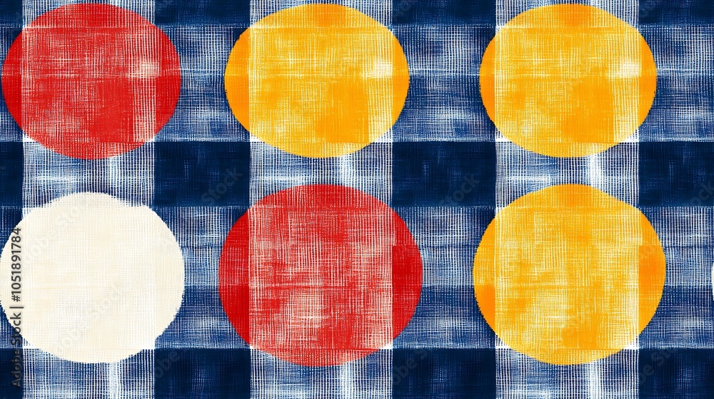 A seamless gingham pattern with circular shapes in shades of red and ...