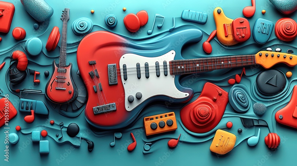 Electric Guitars, Musical Notes, and Abstract Shapes on a Blue ...
