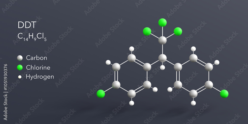 ddt molecule 3d rendering, flat molecular structure with chemical ...