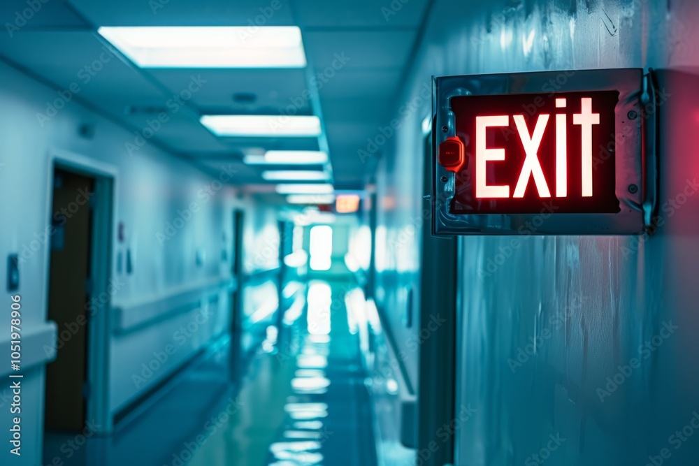 Emergency Exit Sign in a Hospital Corridor Stock Photo | Adobe Stock