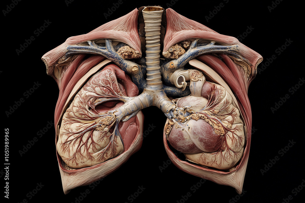 Cross-section of the human chest cavity in 3D, highlighting the lungs and heart.A detailed model ...