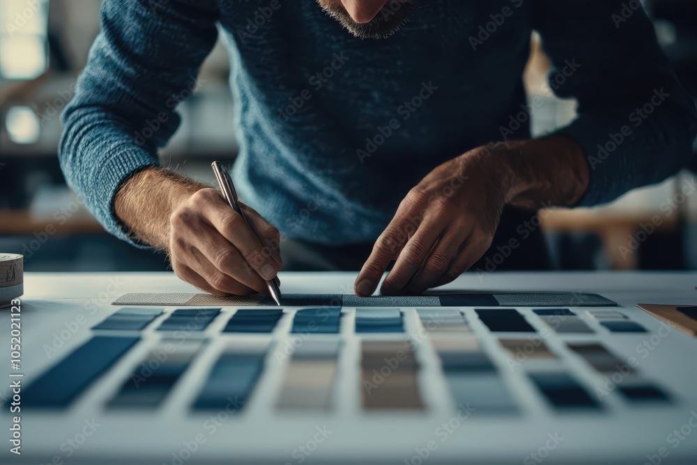 Foto de Stock 3D model of a designer creating a mood board with fabric ...