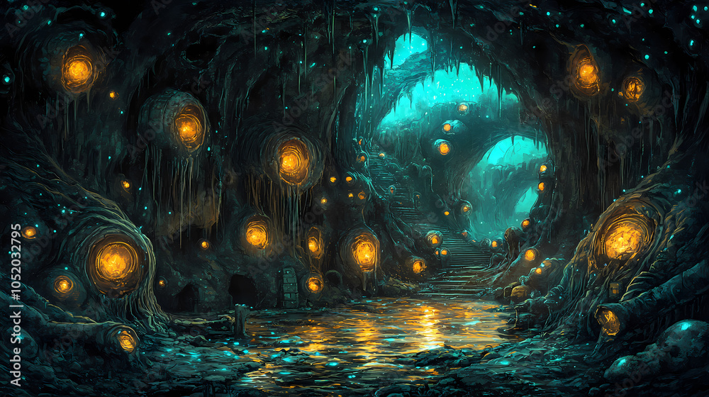 Subterranean alien colony, bioluminescent structures, wide cavern, soft ...