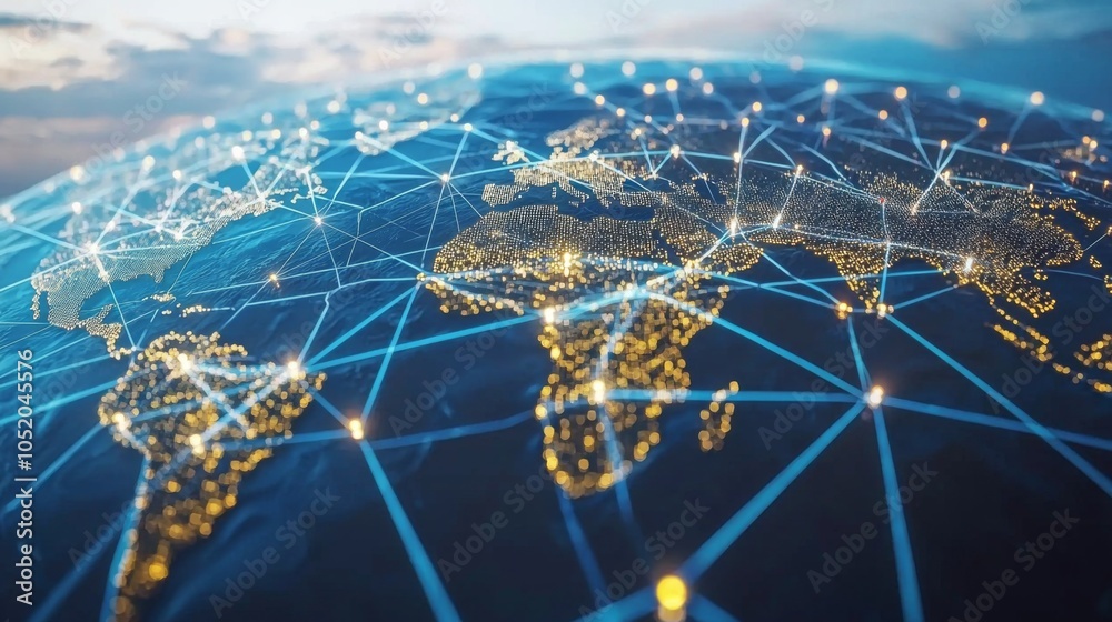 Global supply chain network concept with nodes on different continents ...