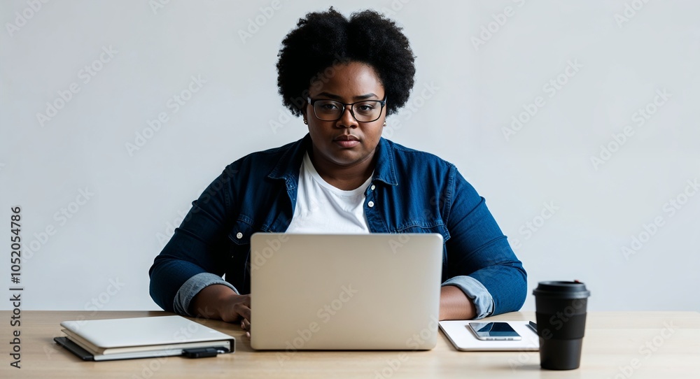 African web developer coding on a laptop serious demeanor casual attire ...