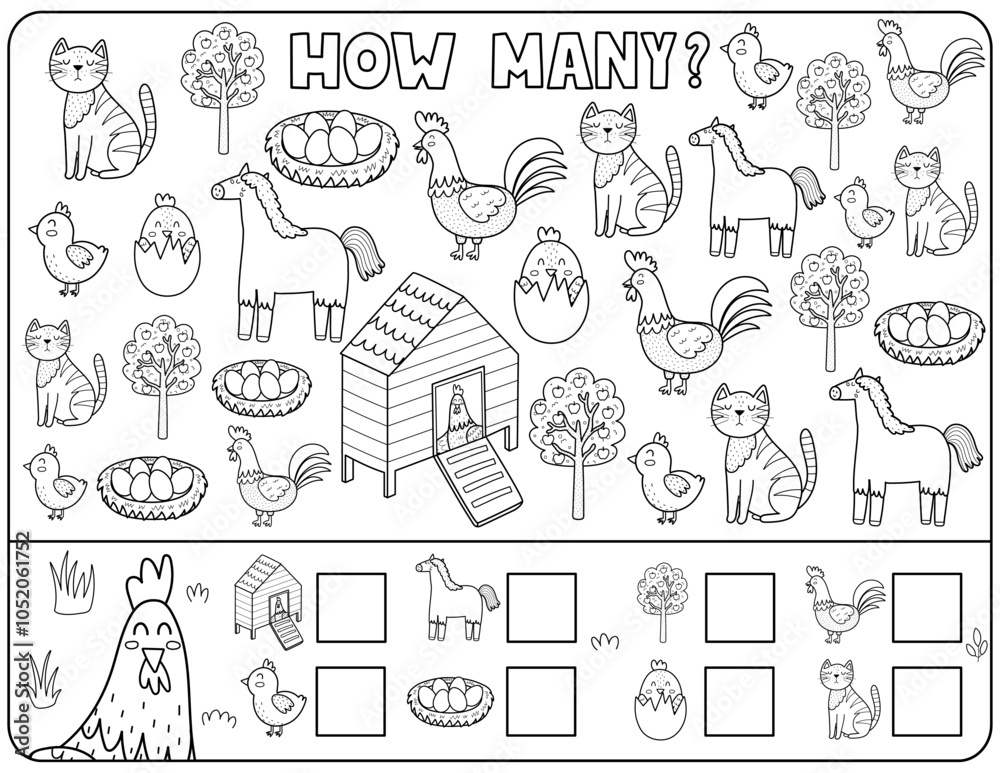 How many black and white activity page for kids with cute farm animals ...