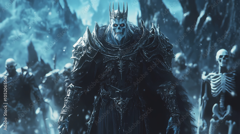 A ghastly lich king, surrounded by dark magic and skeletal minions ...