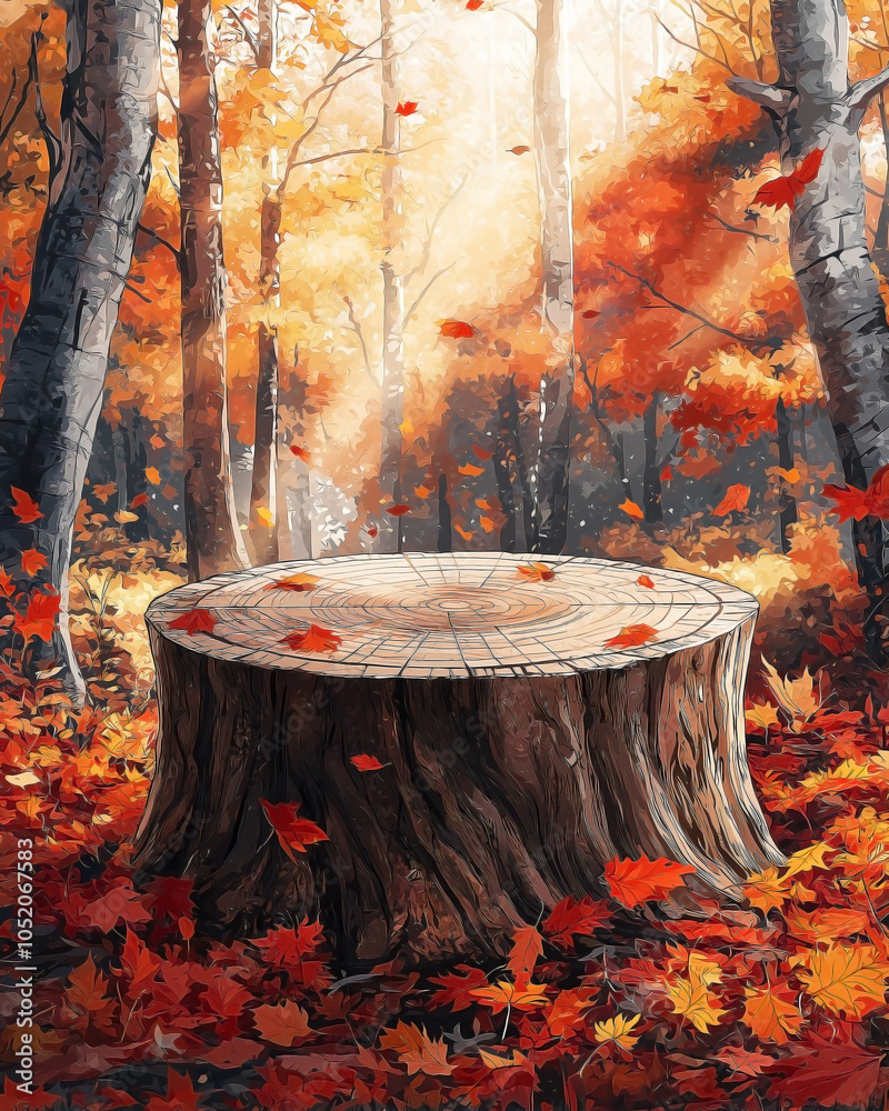 Mock-up tree stump podium in the middle of a serene autumn forest ...