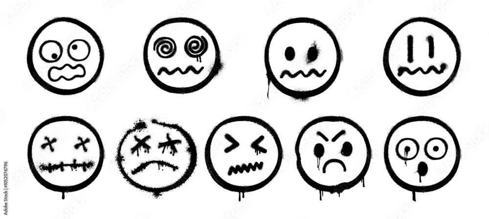 Sprayed faces, isolated set of doodle emoticons with emotions and ...