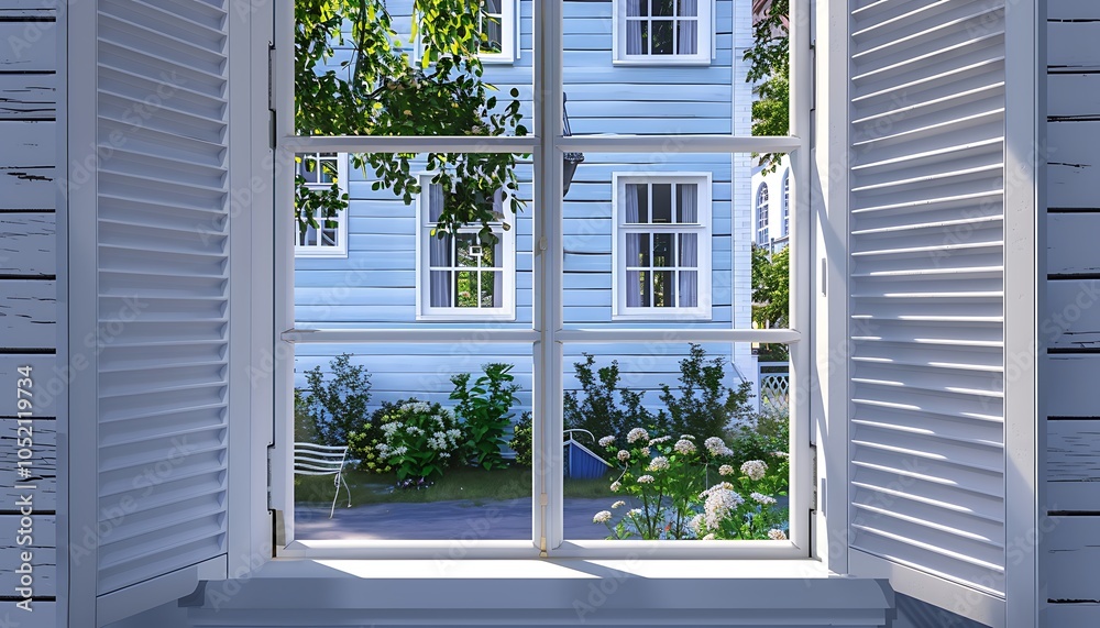 Open window of a historic white house with blue walls, green garden ...