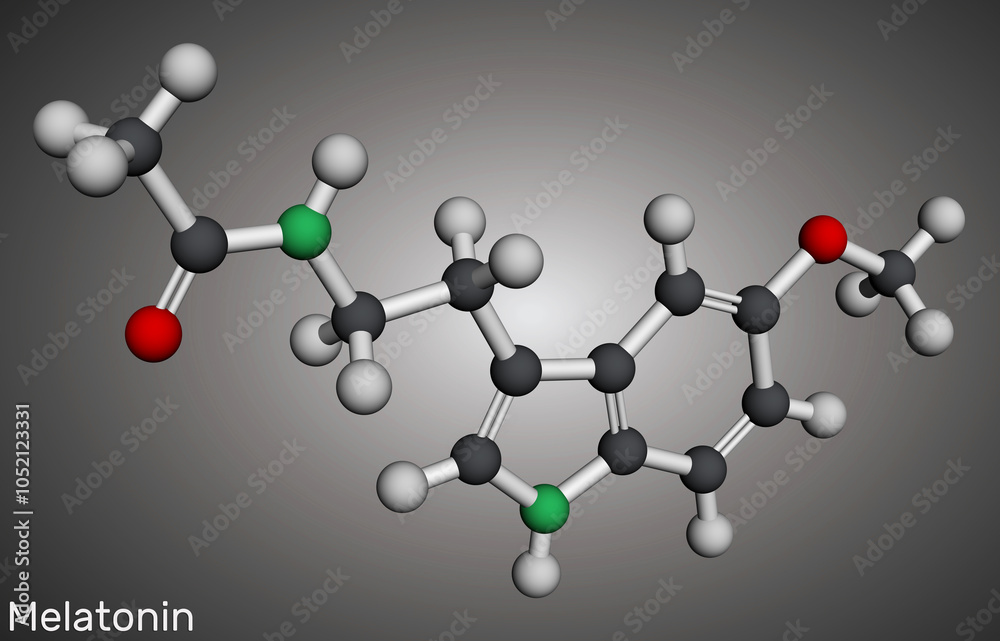 Melatonin molecule. Sleep hormone molecular structure. Molecular model ...