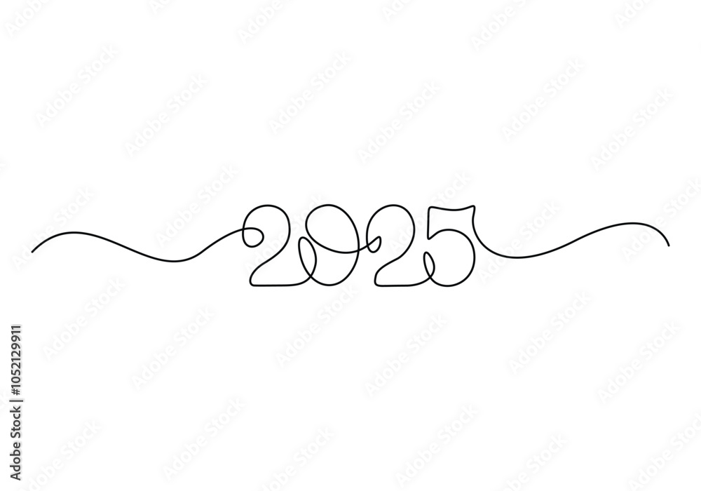 2025 Happy New Year . Christmas symbols 2025 .Continuous one line ...