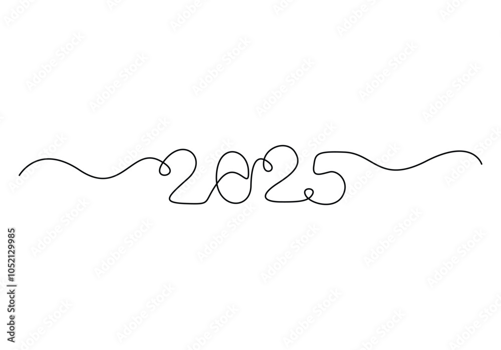 2025 Happy New Year . Christmas symbols 2025 .Continuous one line ...