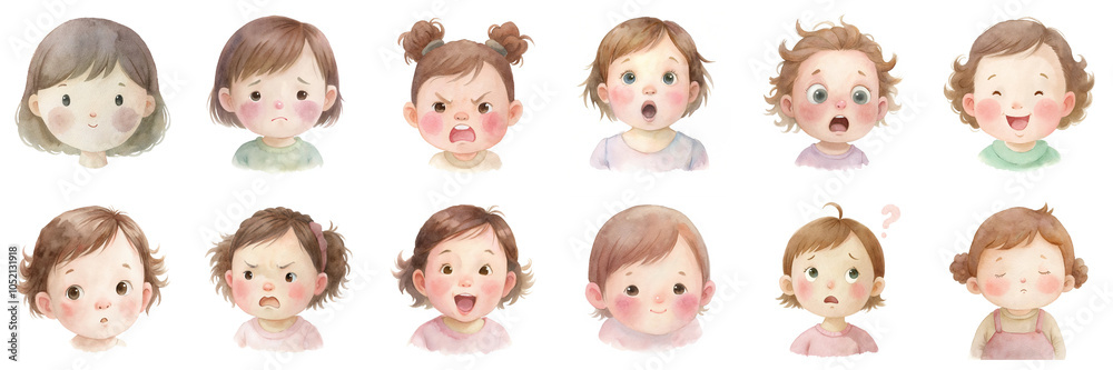 Toddler girl facial expressions showcasing various emotions, watercolor ...