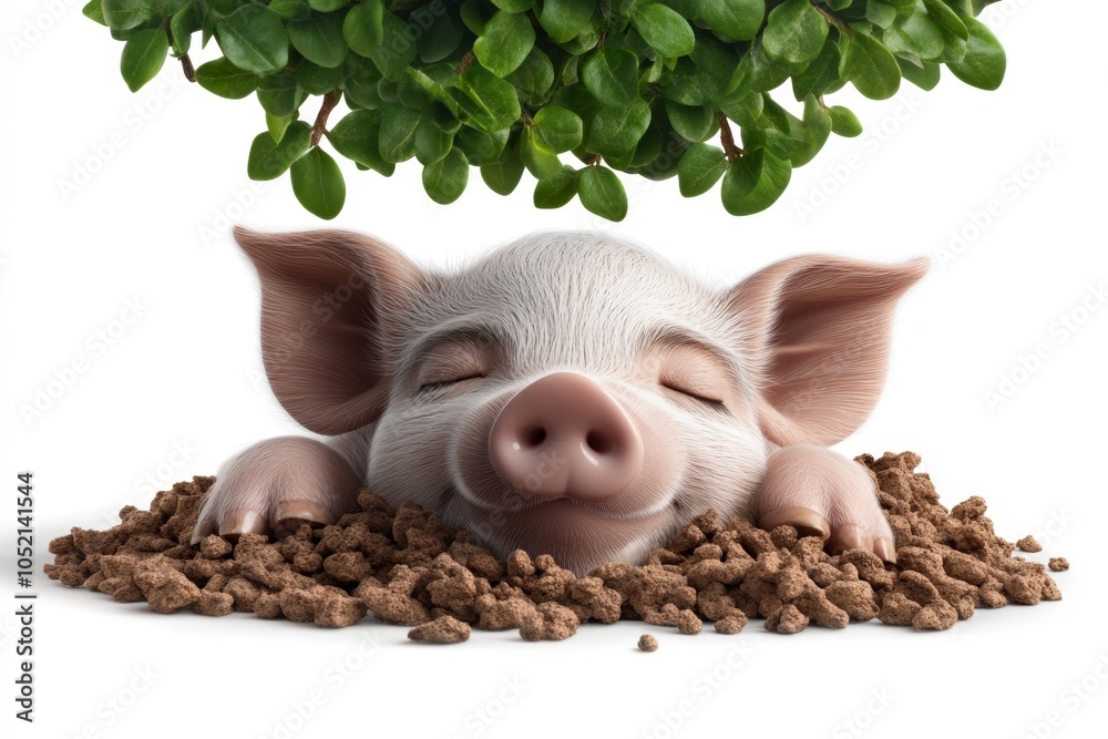 a 2D cartoon illustration of a baby pig sleeping under a tree cozy and ...