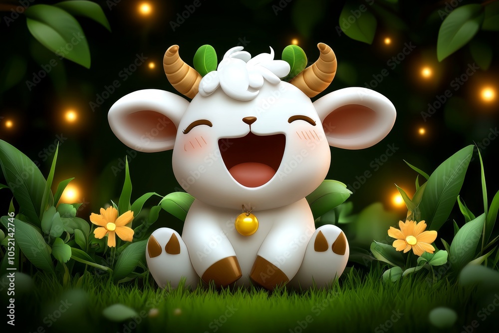 a 2D cartoon illustration of a cheerful lamb in a meadow soft and cute ...