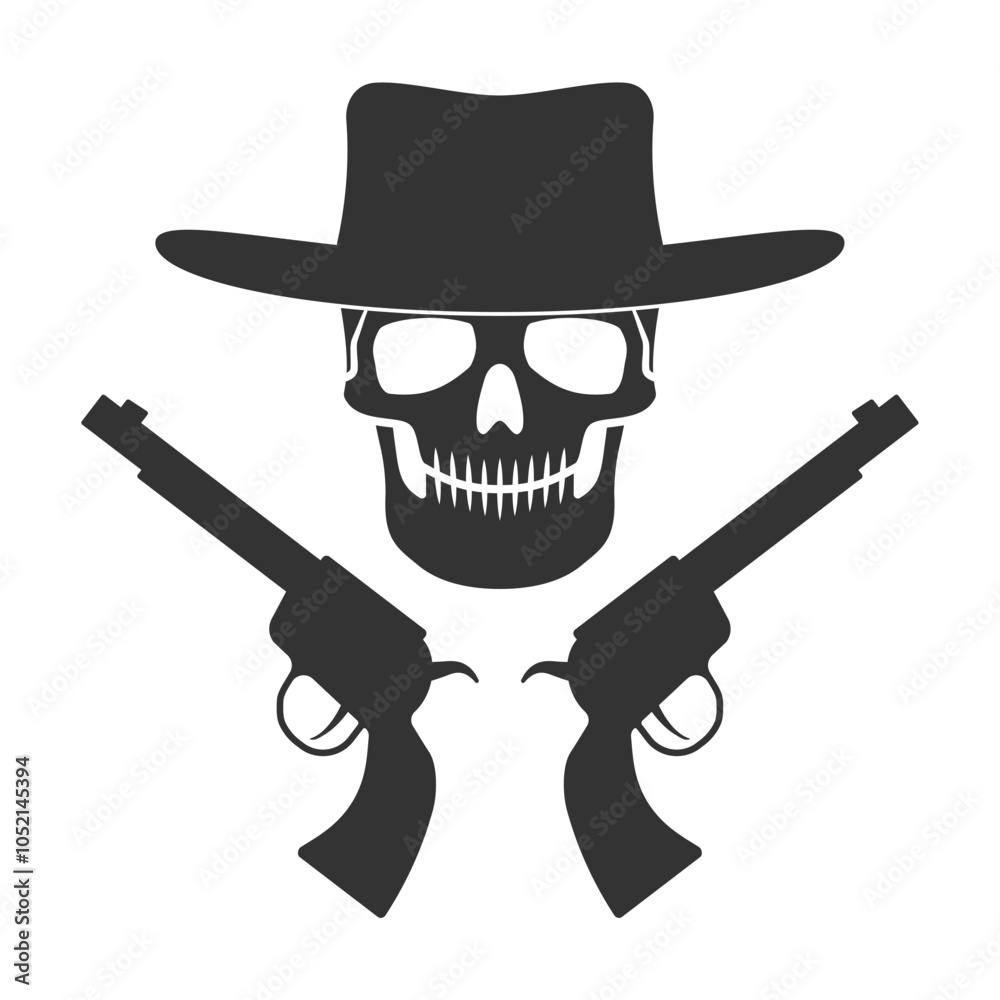 Skull with cowboy hat and revolvers. Pistol and gun and skeleton ...