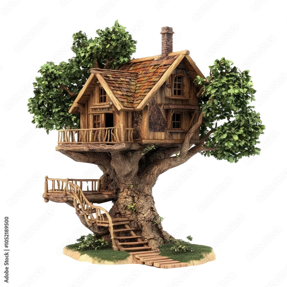 Treehouse built among the branches of a large tree. isolated on ...