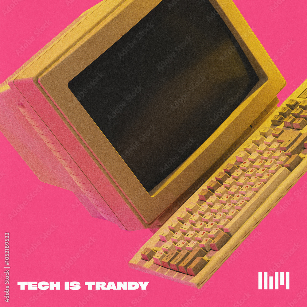 Poster. Contemporary art collage. Vintage computer monitor and keyboard ...