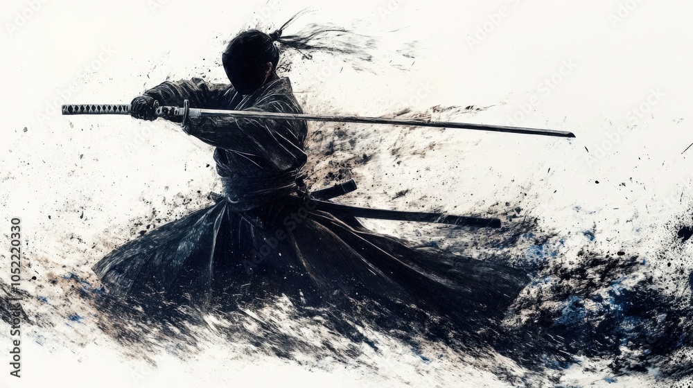 Silhouette of a samurai in dynamic motion wielding a katana, surrounded ...