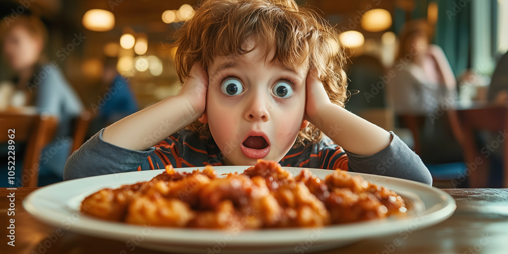 Scared little girl sitting in front of a dish and refusing to eat ...