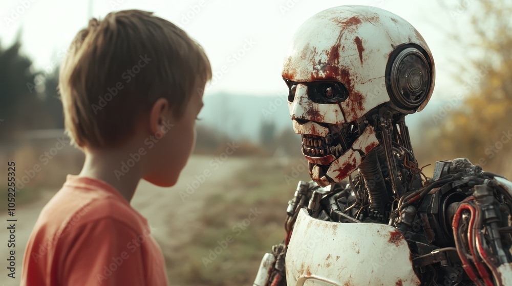 A dusty, young boy with curiosity faces a white robot with battle marks ...