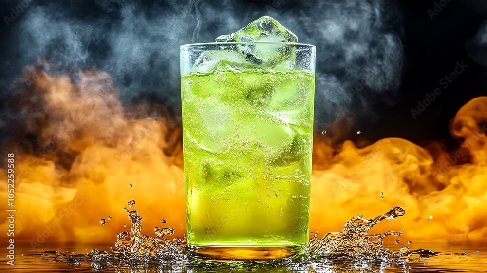 A glass of refreshing green drink with ice cubes, surrounded by fiery ...