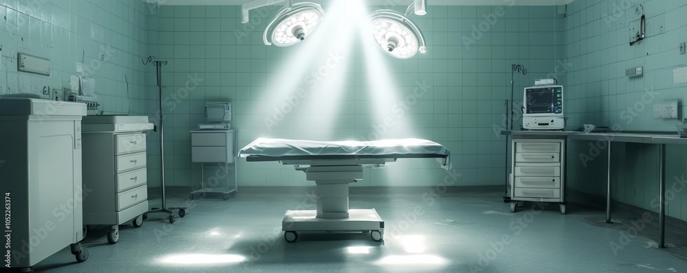 Creepy abandoned operating room, dusty surgical equipment, cold beams ...