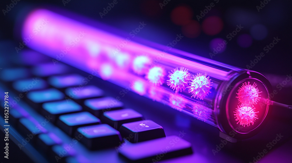 UV sterilizer device shining light over a keyboard, with digital ...