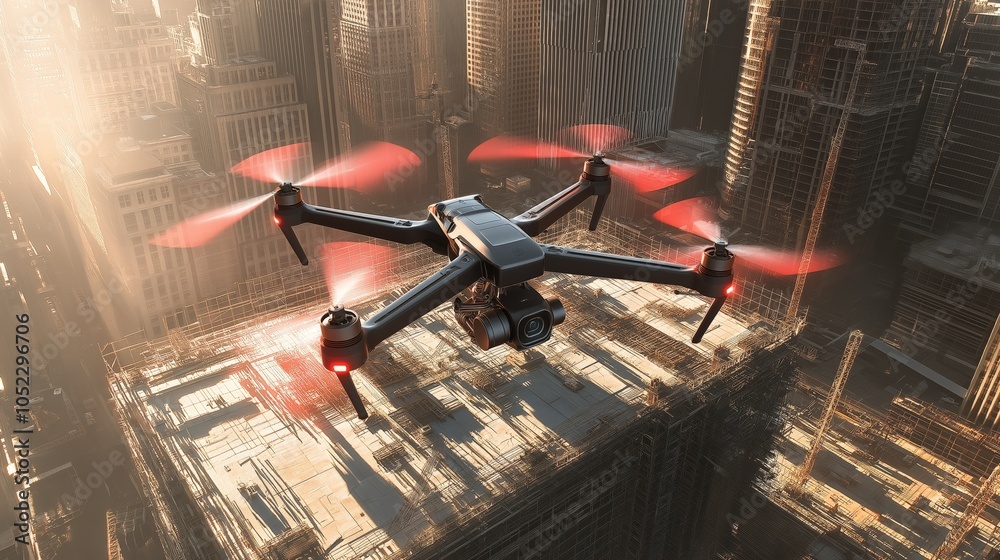 Drone robots hovering construction site surveying mapping architecture ...