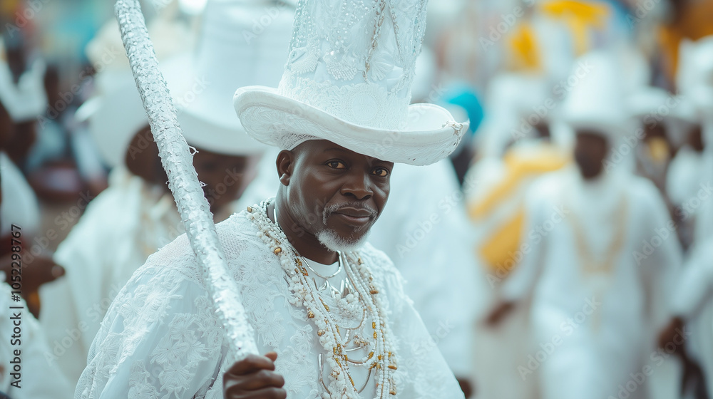 Eyo Festival, participants in a grand parade wearing white costumes ...