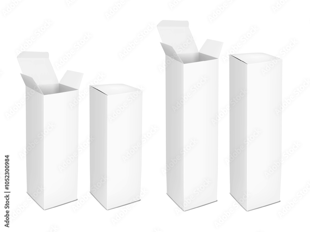 White blank tall vertical paperboard box with tuck-in flap. Open and ...
