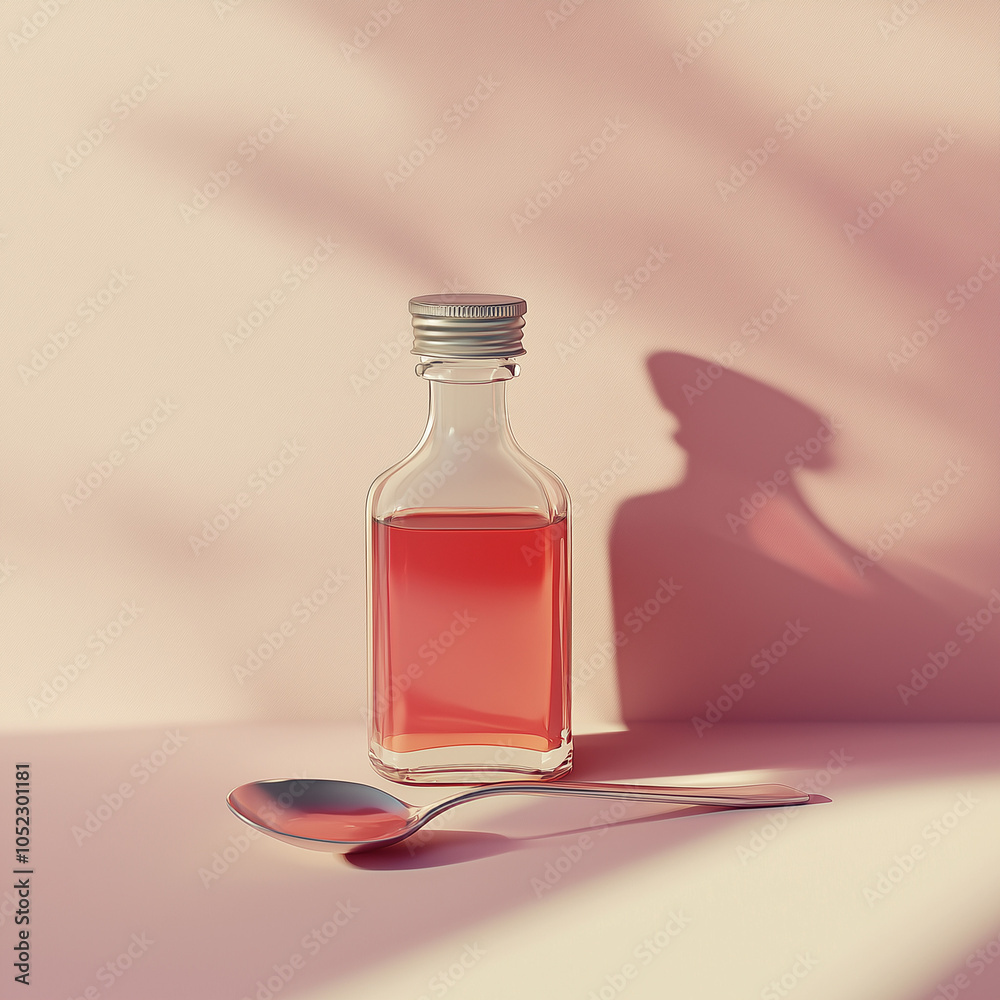 Spoon filled with cough syrup, bottle of syrup next to it, soft warm ...