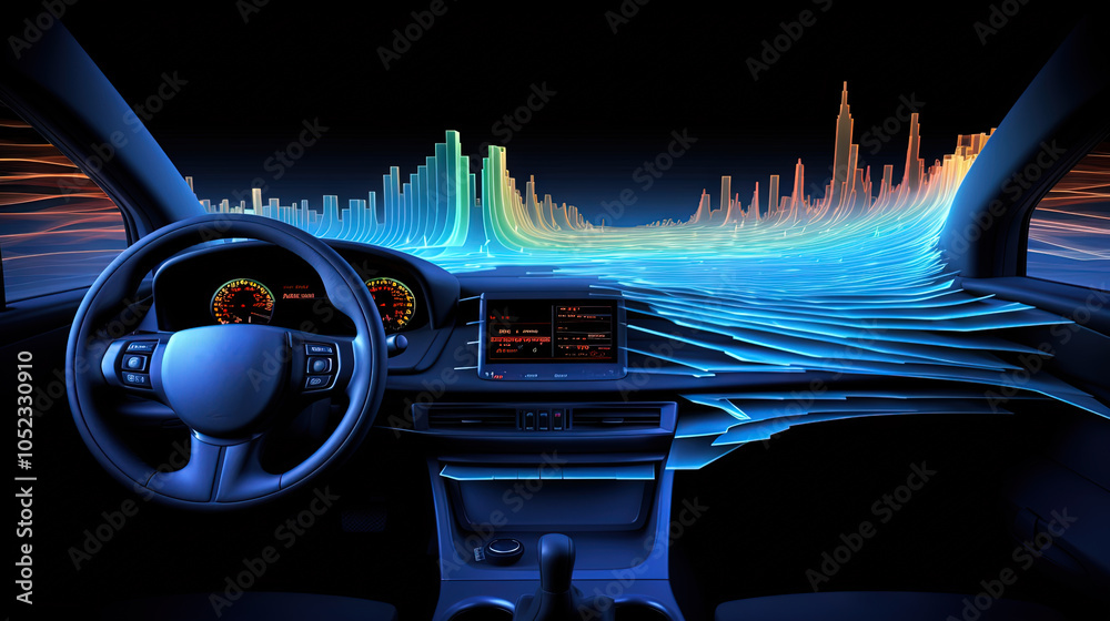 Futuristic car dashboard with graphs and bars for measurement and ...