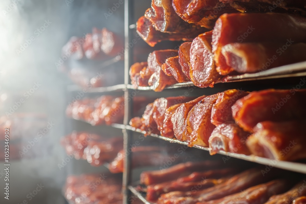 Raw meat in smokehouse, raw meat being prepared or cured in a ...