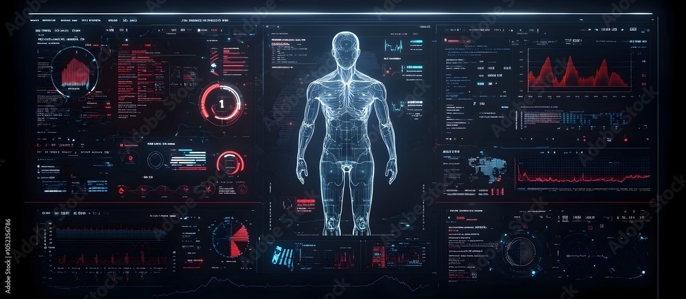 Stylized Human Figure Icon in Digital Dashboard with Data Analytics and ...