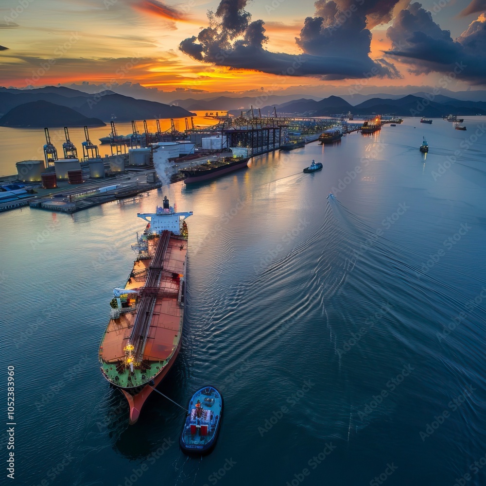 Aerial view panoramic oil tanker moving pass sea port warehouse and ...