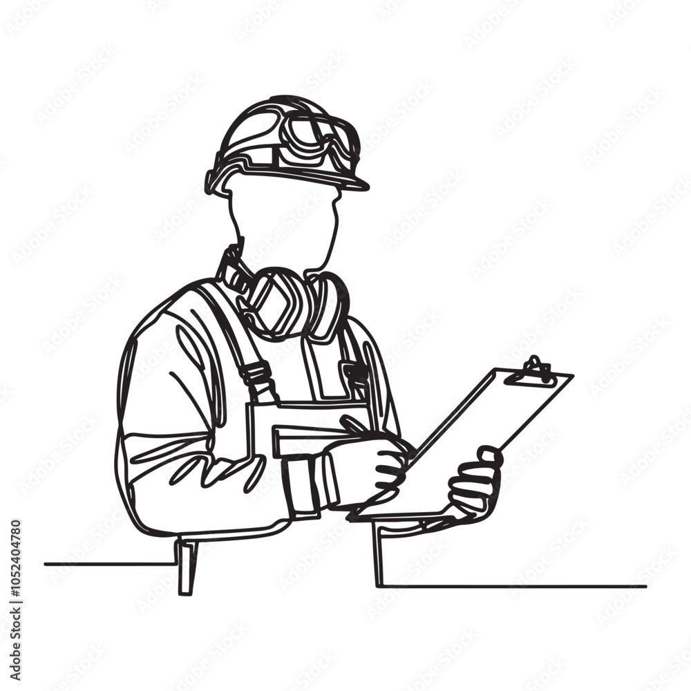 Continuous Line Drawing of Construction Workers in Safety Gear for ...
