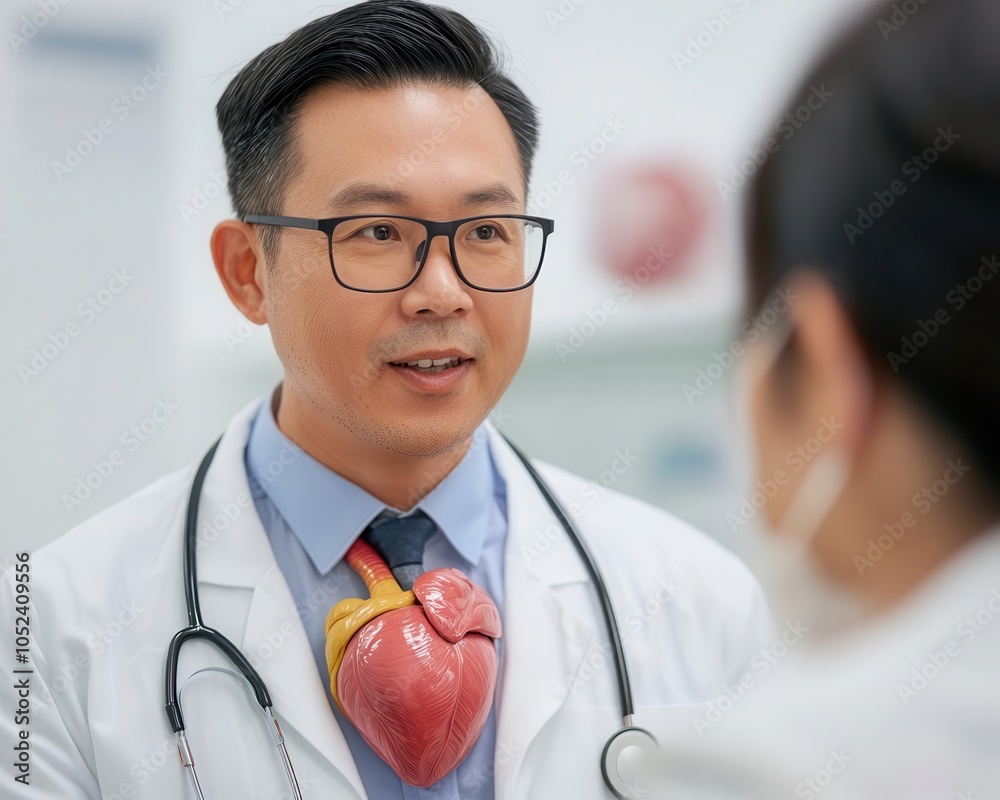 Doctor explaining heart attack risk, heart model focus, cardiac health advice, medical guidance ...
