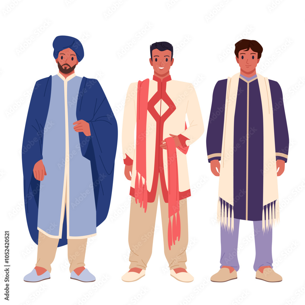 Indian men in traditional dress standing together. Group of three young ...