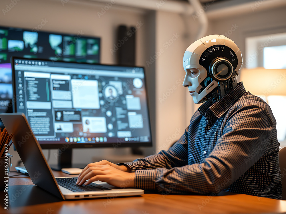 humanoid robot works on a laptop in a tech office, focusing on coding ...