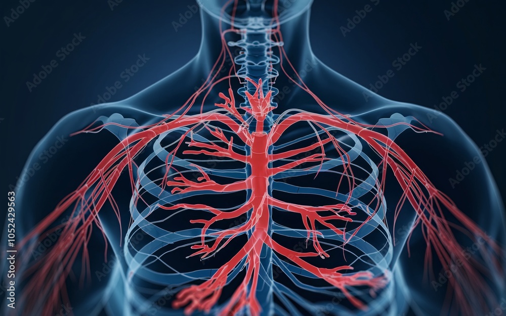 3D medical illustration of the human circulatory system, showing the arteries and veins in the ...