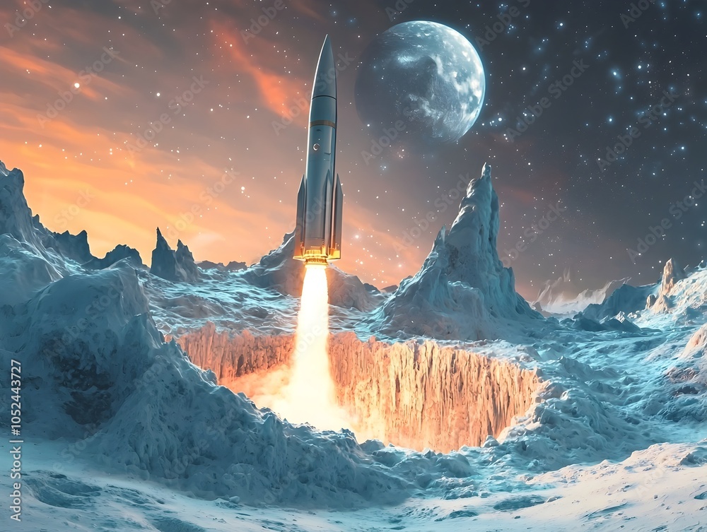 Rocket Launching from Frozen Alien Landscape Symbolizing Discovery of ...