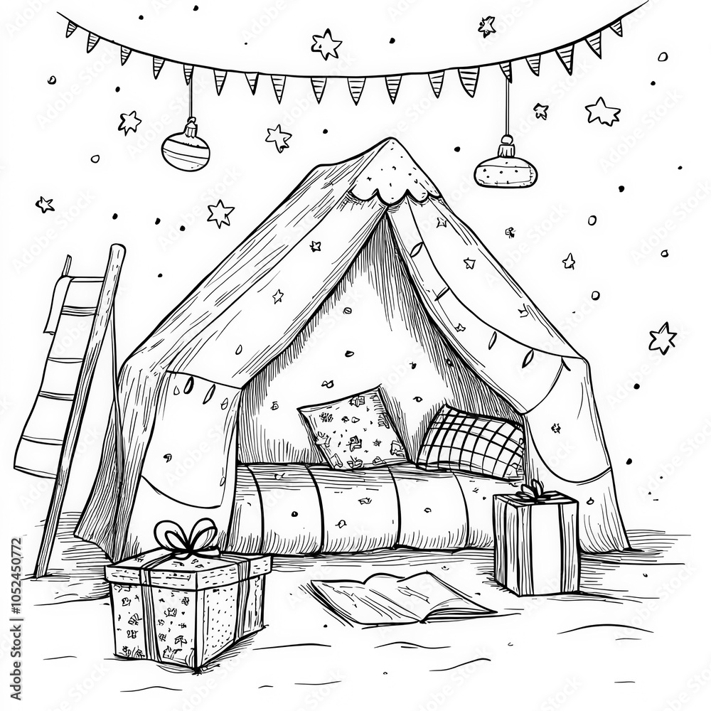 A cozy blanket fort decorated for the holidays, coloring page for kids ...