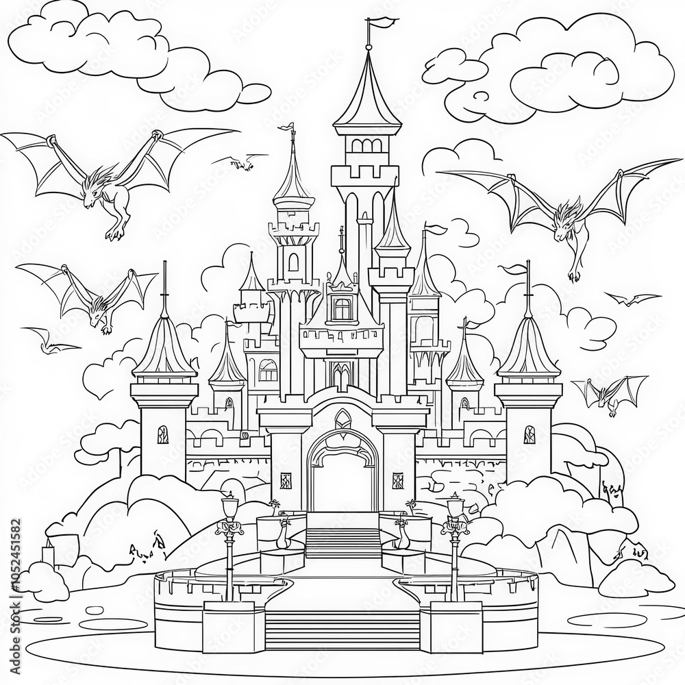 A princess castle with dragons, coloring page for kids, simple outline ...